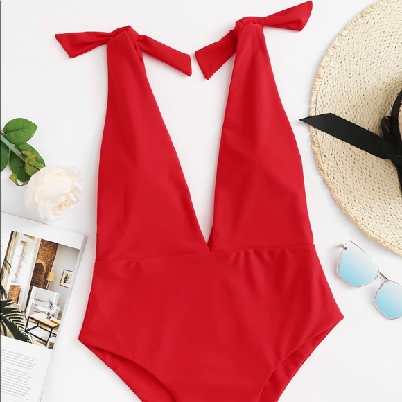 Swim | Deep V One Piece Swim Suit Red | Poshmark